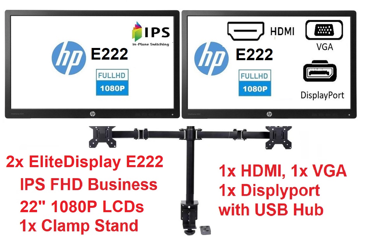 HP 2x EliteDisplay E222 21.5" IPS Business LCDs off-leased A Grade with ...